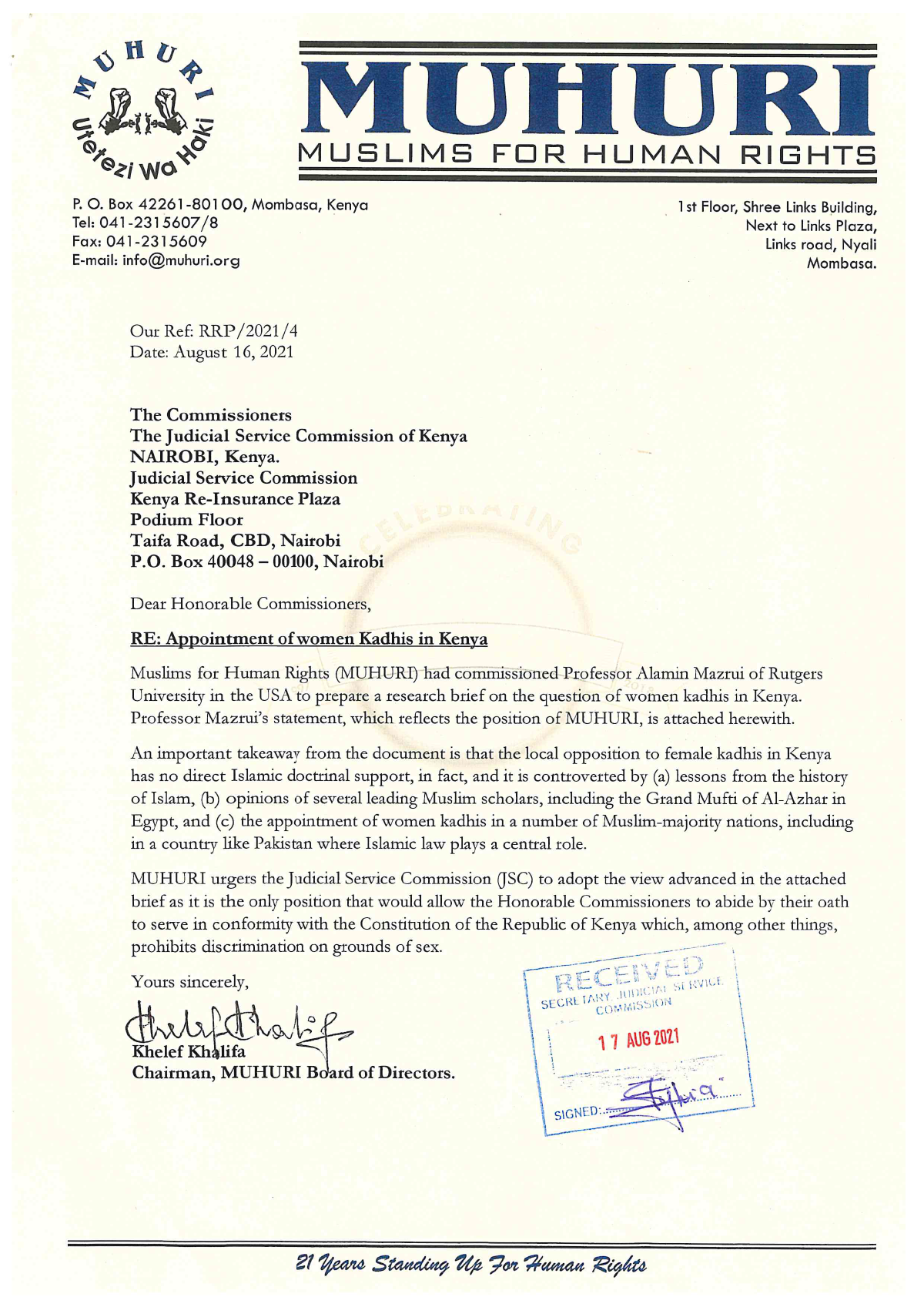 Al Amin JSC Letter – Women Kadhis in Kenya – AwaaZ Magazine
